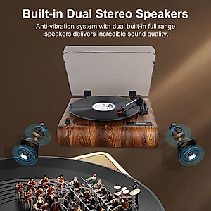 VOSTERIO Bluetooth Record Player, 3 Speed Turntable with Built-in Speakers, Retro LP Vinyl Player with BT Input & Output, FM Radio, USB & SD Card Recording, Aux in, LED Display