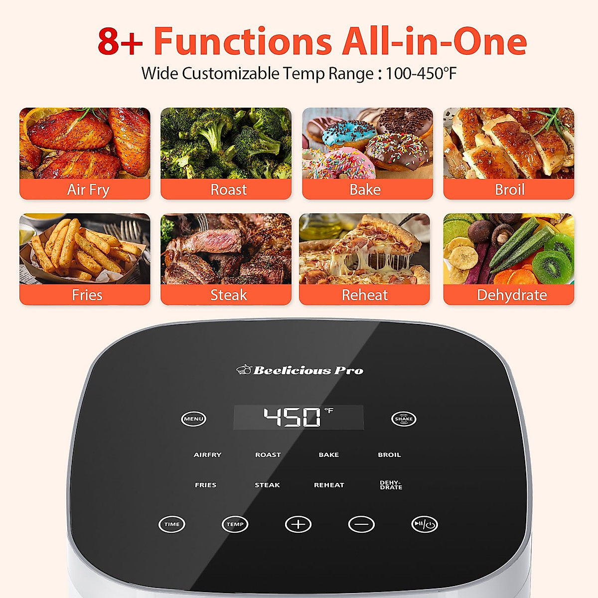 Air Fryer, Beelicious 8-in-1 Smart Compact 4QT Air Fryers, Shake Reminder,450°F Digital Airfryer with Flavor-Lock Tech,Tempered Glass Display,Dishwasher-Safe & Nonstick,Fit for 1-3 People,Bright White