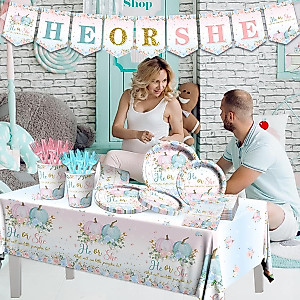 Pumpkin Gender Reveal Decorations - Pumpkin He or She Gender Reveal Tableware Set Fall Paper Plate,Napkins,Tablecloth for Little Pumpkin Baby Shower Decorations Girl,Gender Reveal Party