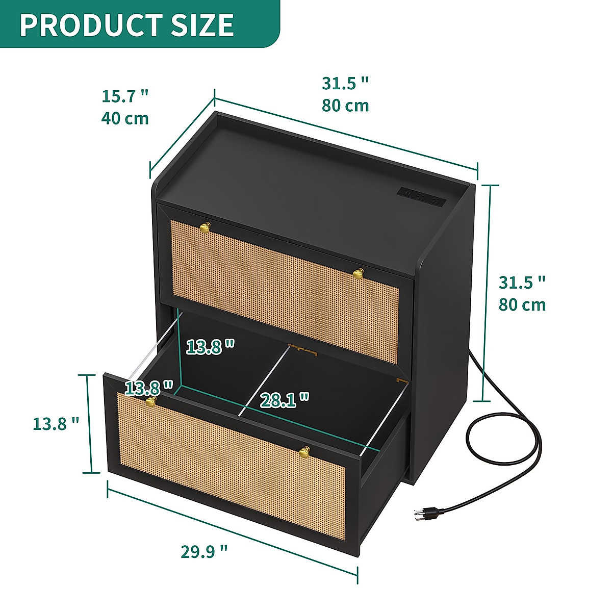 YITAHOME Rattan File Cabinet with Charging Station, Large Lateral Filing Cabinet for Home Office, Black