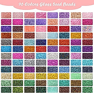 QUEFE 48000pcs 2mm Glass Seed Beads for Jewelry Making Kit, 96 Colors Small Beads Kit Bracelet Beads with Pendant Charms Kit and Letter Beads for Bracelets Necklace Ring Making, DIY, Art and Craft