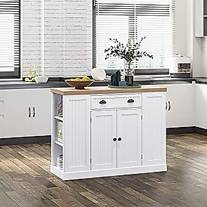 HOMCOM Fluted-Style Wooden Kitchen Island, Storage Cabinet w/Drawer, Open Shelving, and Interior Shelving for Dining Room, White