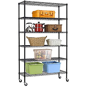 Vnewone 6 Tier Storage Shelves Large Wire Shelving Unit Metal Garage Shelving NSF 82”x48”x18” Heavy Duty Height Adjustable Commercial Grade Utility Steel Rack 2100 LBS Capacity with Wheels,Black