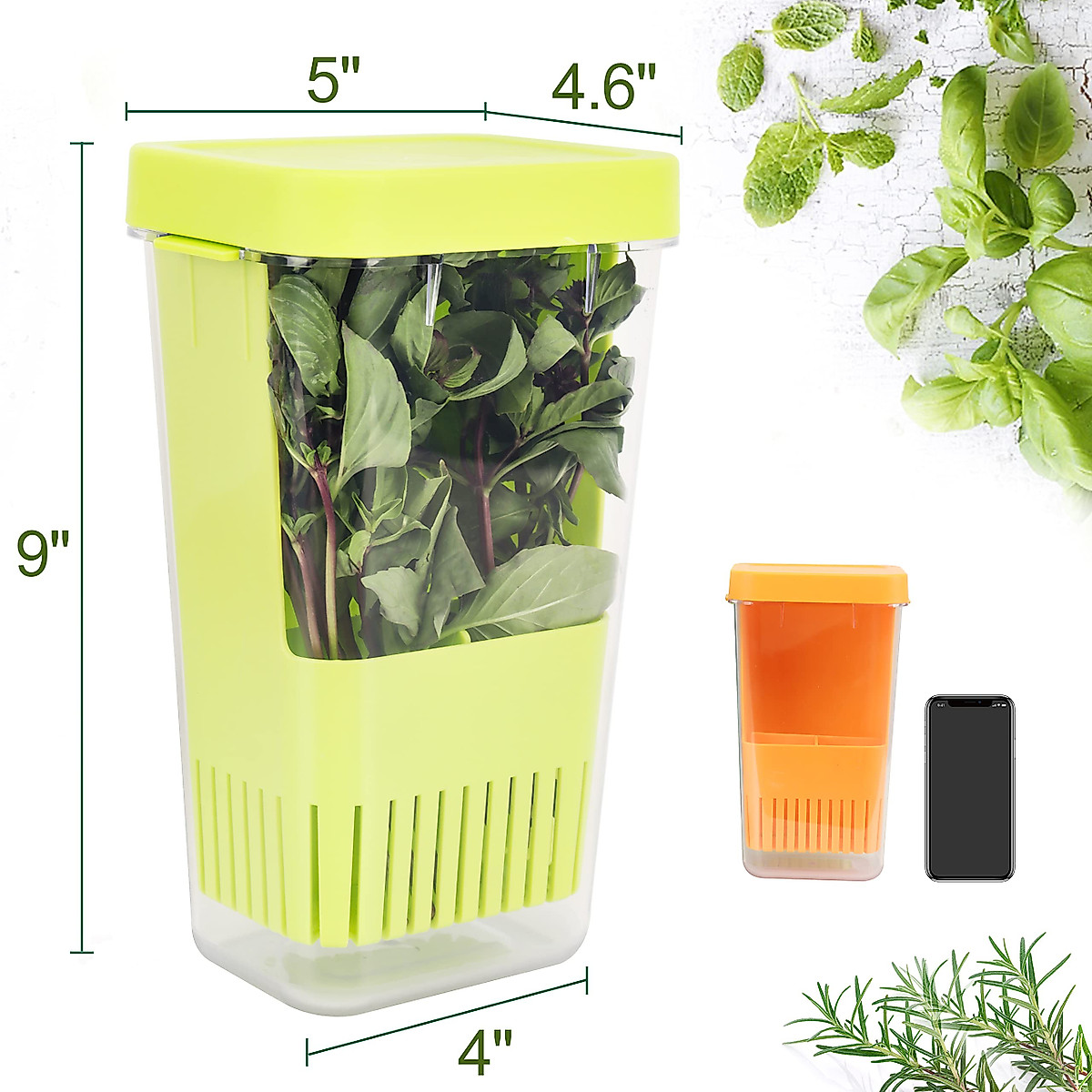 LUVCOSY Fresh Herb Keeper for Refrigerator, Clear BPA-Free Herb Saver, Storage Container for Cilantro, Parsley, Thyme, Mint & Asparagus, Preserver Keeps Fresh Herbs for 3 Times Longer, Green & Orange