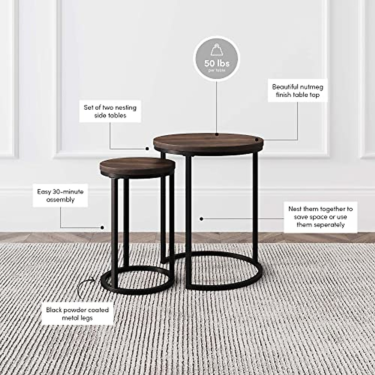 Nathan James Lula Nesting Round Side Set of 2, Accent End Table for Living Room with Wood or Marble Finish Tabletop and Metal Base, Nutmeg/Black