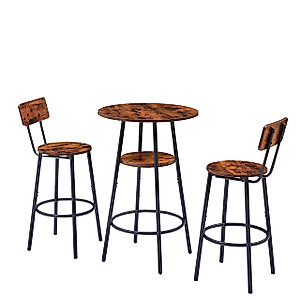 Tiokop Bistro Set of 2, Pub High Top Round Table and Chairs Upholstered Cushion, Storage Shelf and Backrest, 3-Piece Bar Stool Set for Breakfast Nook, Rustic Brown