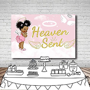 MEHOFOTO 7x5ft Heaven Sent Girl Baby Shower Party Backdrop Props Light Pink Sky White Cloud Angel Wing Decorations God Gift Photography Background Photo Banner for Dessert Table Supplies