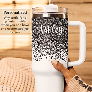 Personalized 40 oz Tumbler With Handle And Straw Lid Glitter - Dishwasher Safe Stainless Steel Insulated Travel Mug - Custom Name Tumbler Gift For Women Mom Friend Teacher Nurse Her Birthday Christmas