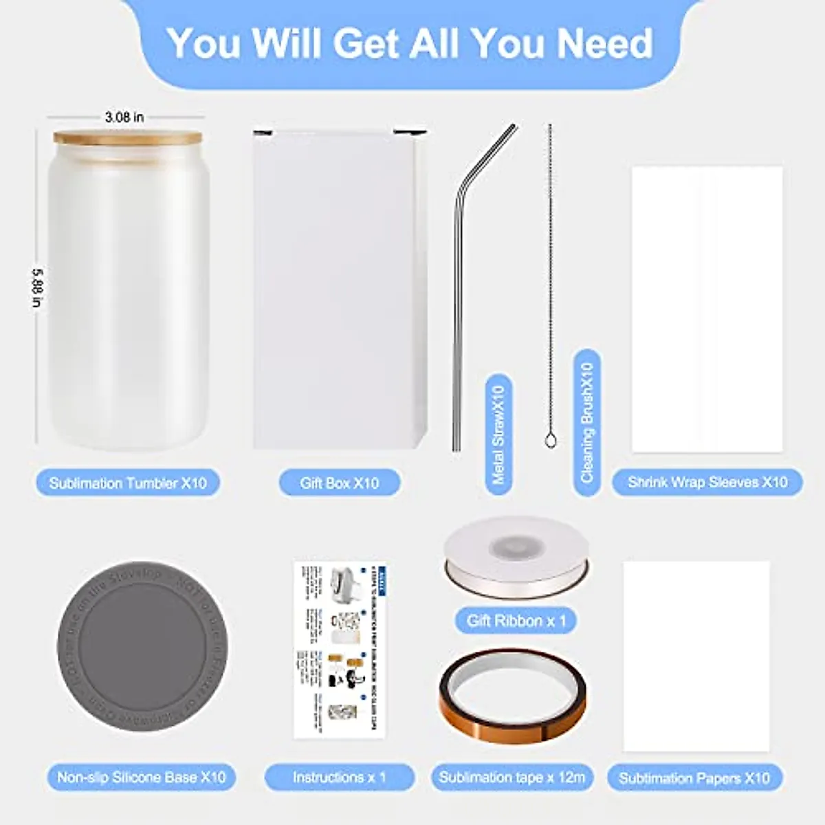 ASKIZ 10 Pack Sublimation Glass Blanks with Bamboo Lid and Straw-16oz Frosted Sublimation Beer Can Glass-Sublimation Glass Cups,Sublimation Glass Tumblers for Iced Coffee Juice Soda Drinks