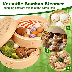 Novellaire 8-Inch Bamboo Steamer - 2 Tier Cooking Basket with Handles, Includes 2 Cotton Liners, 2 Dumpling Molds, 4 Pairs Chopsticks & 4 Sauce Dishes