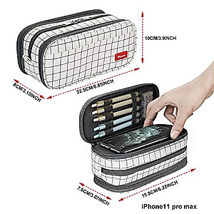 Vnieetsr Large Pencil Case Big Capacity Pencil Bag Large Storage Pouch 3 Compartments Desk Organizer Marker Pen Case Simple Stationery Bag Pencil Holder (Plaid White)