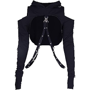 Goth Crop Top Hoodies For Women Hoodie Aesthetic Punk Black Sweatshirt Rave Outfit Emo Teen Girls Long Sleeve Workout