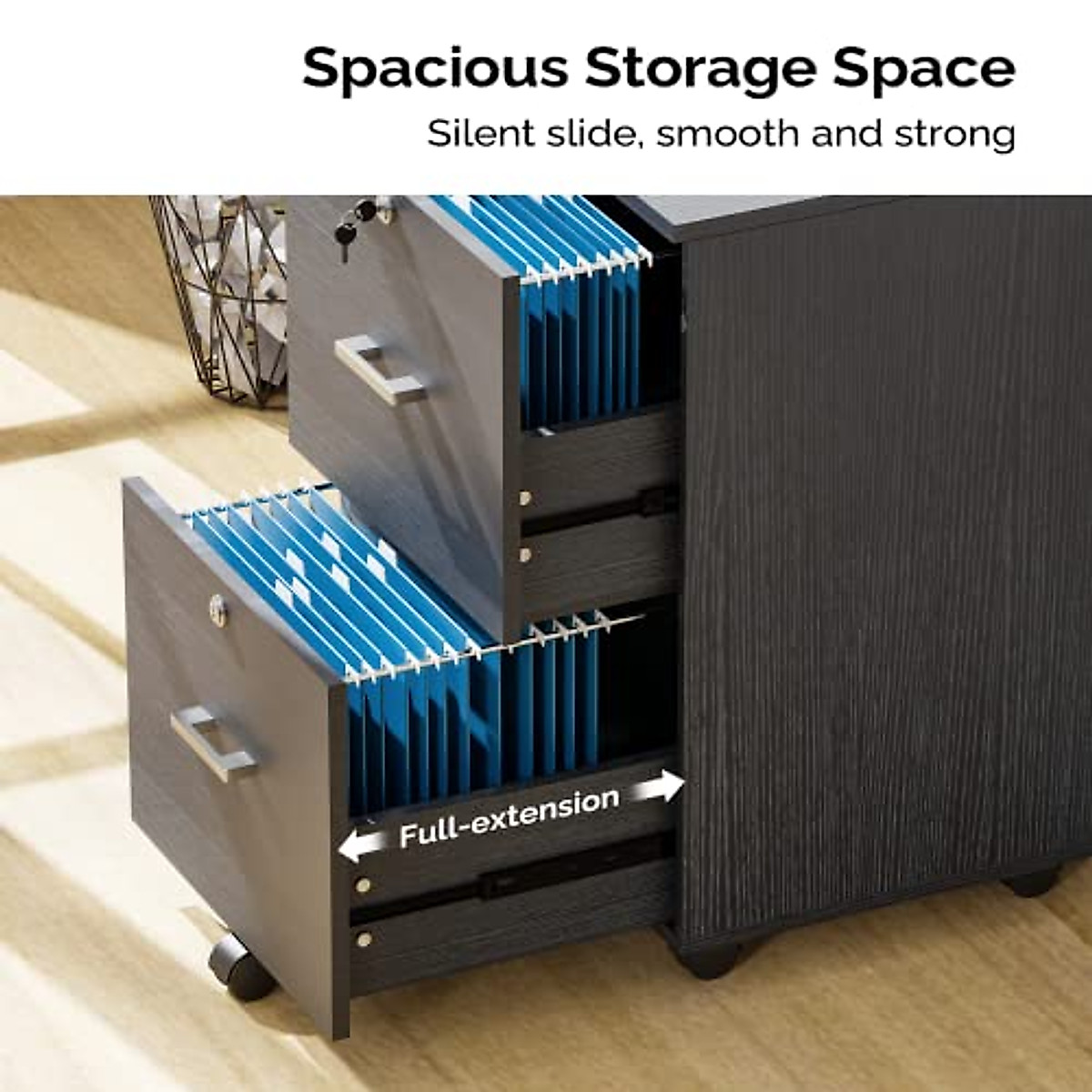 VINGLI Rolling File Cabinet with Lock - 2 Drawer, Under Desk