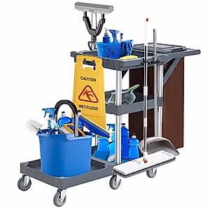 Commercial Janitorial Cleaning Cart on Wheels - Black Housekeeping Caddy with Cover, Shelves and Vinyl Bag