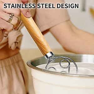 TEEVEA Danish Dough Whisk Stainless Steel Hook Dutch Style Bread Dough Hand Mixer Wooden Handle for Sourdough Making Baking Whisking Tools and Supplies
