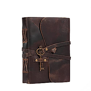 Leather Journal with lined Deckle Edge Paper 8x6 inch and Vintage Key/Handmade Writing Notebook Diary/Bound Daily Notepad for Men & Women Medium, Sketch/Writing pad, Gift for Artists (8 x 6)