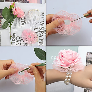 RONRONS 15 Pieces Elastic Pearl Wrist Corsage Bands Wristlets Bracelet Handmade DIY Stretch Wrist Hand Corsages Wristlet for Wedding Bride Bridesmaid Prom Beach Party Daily Wear Accessories (Pink)