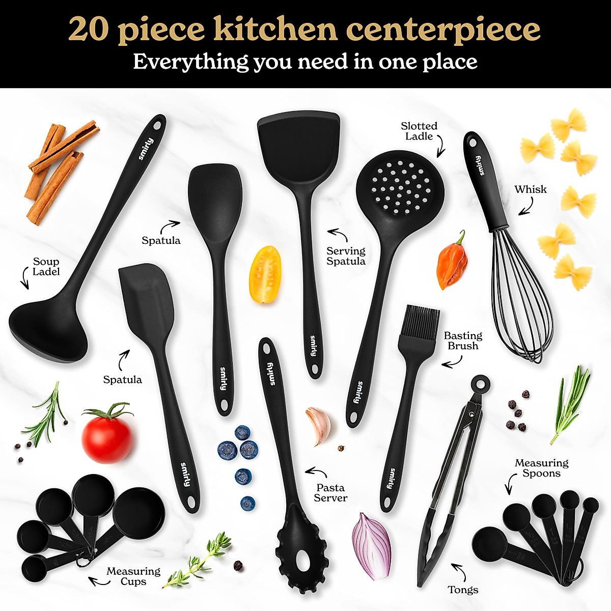 Silicone Kitchen Utensils Set & Holder: Cooking Utensils Set - Kitchen Essentials for New Home & 1st Apartment- Silicone Spatula Set, Cooking Spoons for Nonstick Cookware (Silicone, Black)