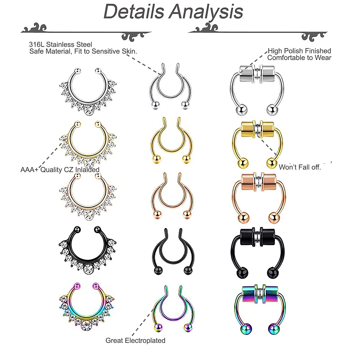 REVOLIA 15 Pcs Fake Nose Rings Hoop Stainless Steel Fake Septum Ring Faux Non-Pierced Clip On Nose Hoop 5C