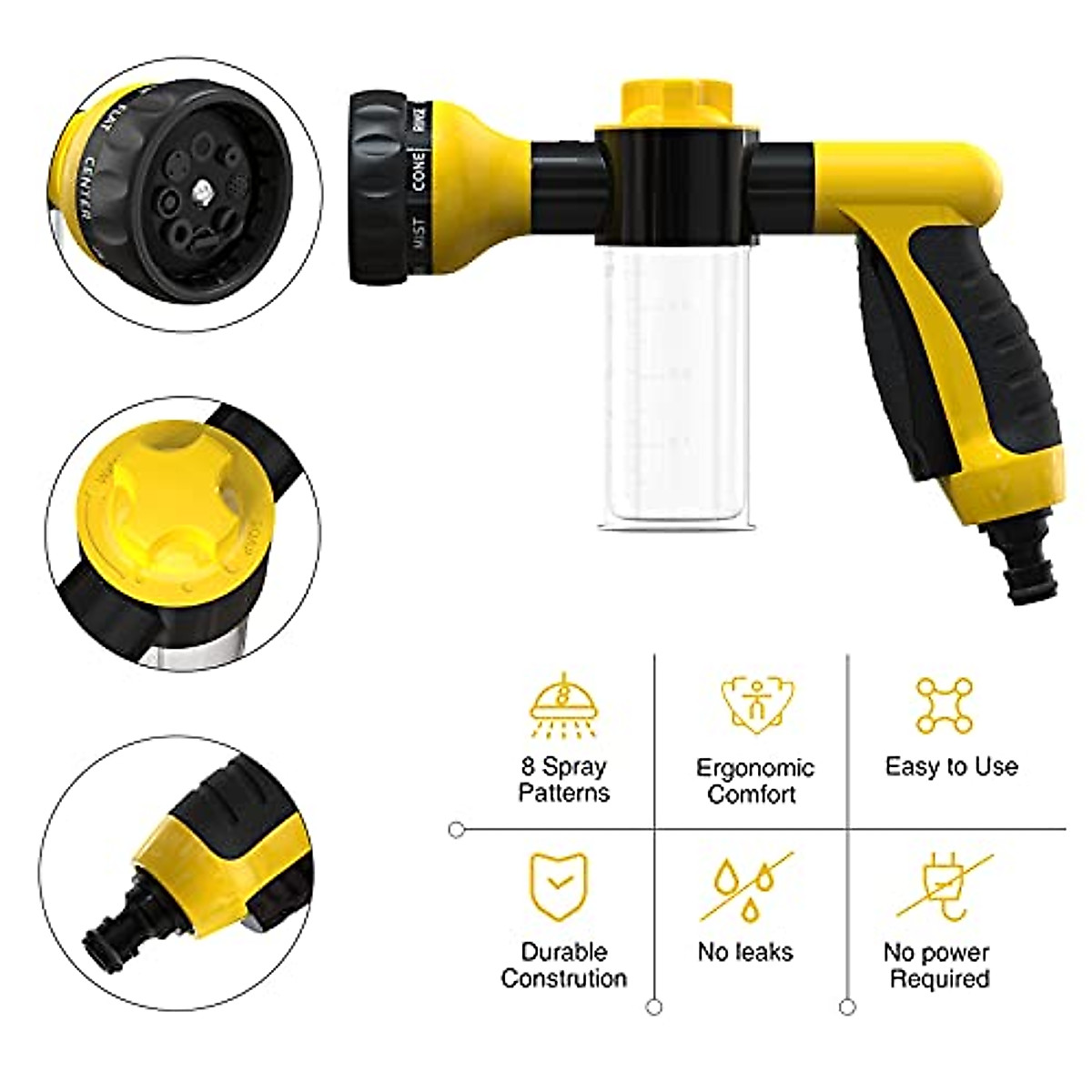 Garden Hose Nozzle, High Pressure Spray Gun Nozzle, 8 Spray Patterns for Watering Plants, Lawn, Patio, Cleaning, Showering Pet with 3.5oz/100cc Soap Dispenser Bottle