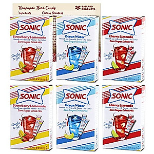 Sonic Singles to Go Variety Pack of 6-2 Boxes Each - Cherry Limeade, Strawberry Lemonade and Ocean Water - Bundle with Ballard Products Hard Candy Recipe Card