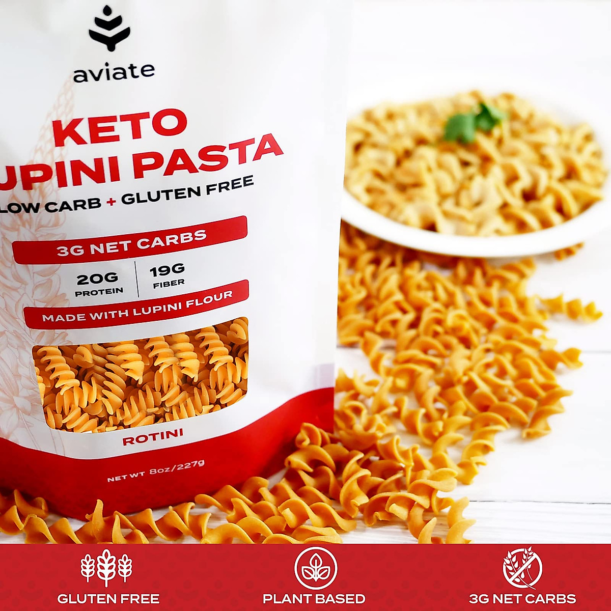 Aviate Keto Pasta Rotini - Low Carb (3g Net) Lupini Noodles, High Protein (20g), Gluten-Free, Made with Lupin Flour, Plant Based Vegan, Keto-friendly, Low Carb - Rotini (8oz) (Pack of 3)