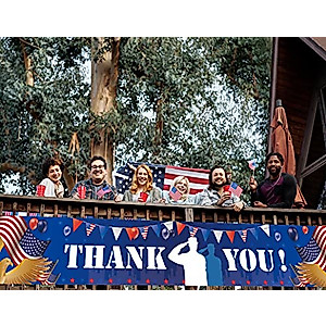 Large Thank You Memorial Day Banner, Fourth of July, Veterans Day Patriotic Yard Banner,American Patriotic Theme Memorial Day 4th of July Veterans Party Supplies Decorations (9.8 x 1.6 ft)