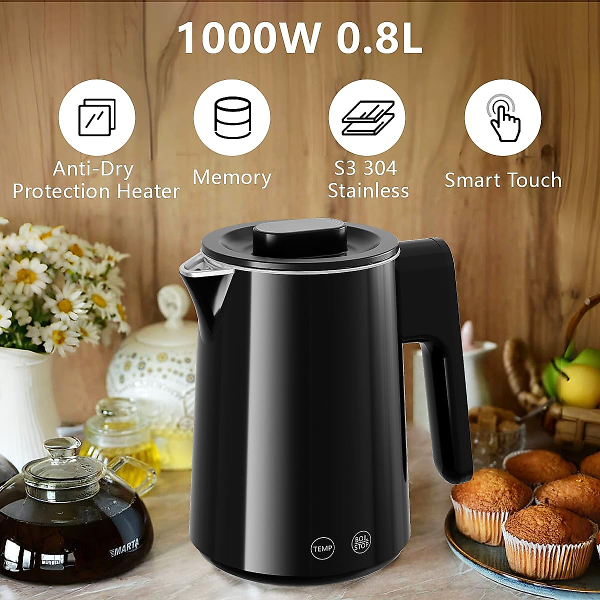 LAMSTOM Electric Kettle, 1000W Fast Boil Hot Water Kettle, 0.8L Stainless Steel Tea Pot with 6 Pre-Set Temperature, Anti-Dry Protection Heater, Auto Shut-Off, Black