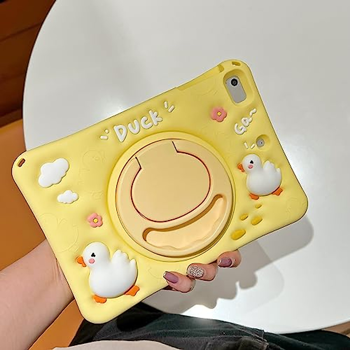 Premium Cute Soft Silicone Yellow Duck Kawaii Pattern Tablet Case with Built-in Foldable Kickstand and Lanyard Shockproof Cover Case for iPad Air 4 2020 10.9"