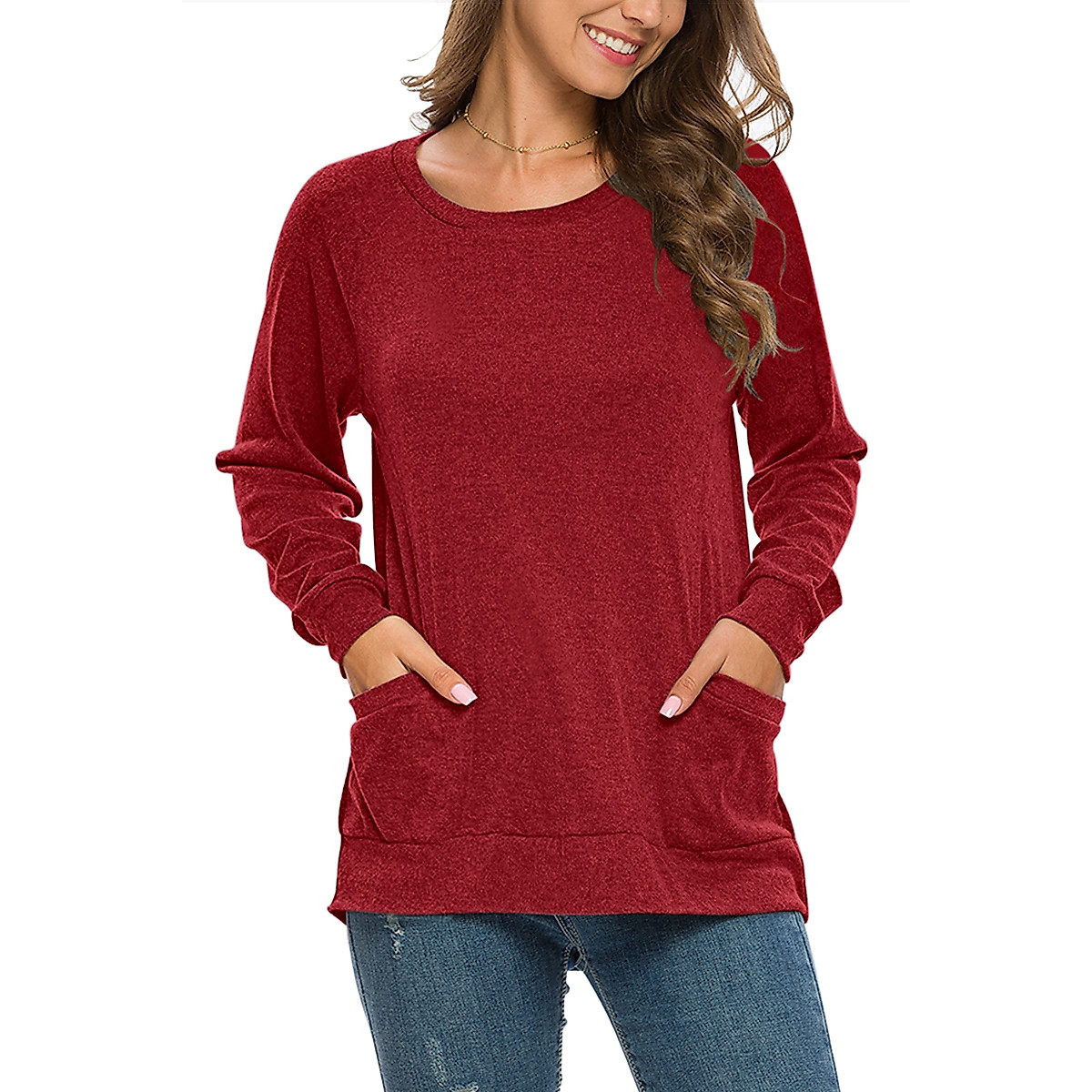 AUSELILY Womens Long Sleeve Tunic Tops Casual Loose Fit Sweatshirts Round Neck Pullover Blouse Sweatshirts with Pocket Ruby XL