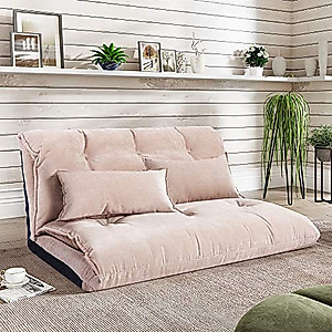 Adjustable Floor Sofa Bed with 2 Pillows , Folding Futon Couch Leisure Lazy Sofa with 5 Reclining Position, Suede Floor Sofa for Reading or Gaming in Bedroom/Living Room/Balcony,Beige