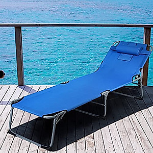 Moccha Folding Lounge Chair, Adjustable Beach Bed, Foldable Recliner with Pillow, Sunbathing Headrest and Tray, for Outdoor, Camping, Backyard, Patio, Pool (Blue)