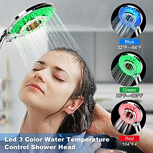 LED Shower Head Color Changing, Handheld Shower Head High Pressure with Hose, Water Saving Spray Showerheads, Discoloration Warning, Water Temperature Display, 3 Spray Modes, Easy to Install, ‎Chrome