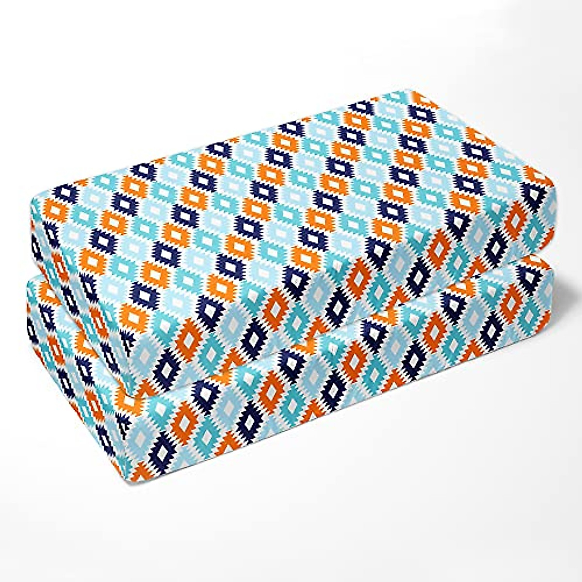 Bacati Liam Aztec Kilim Cotton Percale Crib/Toddler Bed Fitted Sheets 2 Piece, Aqua/Orange/Navy