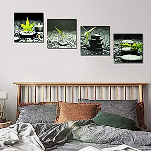 Artscope 4 Pieces Canvas Prints Wall Art - Green Leaf Raindrops and Stones Picture Painting- Modern Wall Artwork Framed for Bathroom Home Office Decor - 12 x 12 Inch