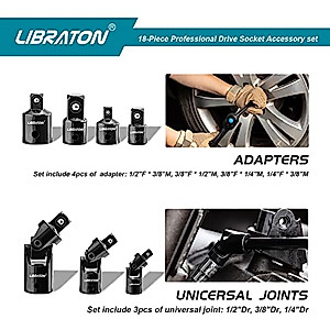 LIBRATON Socket Extension Set, Ratchet Extension Set, Extension Set 18PCs, Impact Extension Set, Socket Adapters, Swivel Sockets, Professional Drive Socket Accessories, 1/4 3/8 1/2