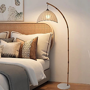 RaGiBow Bamboo Floor lamp mid Century Rattan Retro Floor lamp Bohemian Style LED Tall lamp for Living Room Bedroom Village Farmhouse Decoration Office Standing Floor lamp