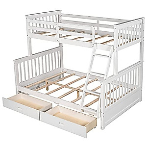 TRIPLE TREE Twin Over Full Bunk Bed with Ladder, Two Storage Drawers and Safety Guardrails, Solid Wood Bunk Beds Wooden Bed Frame for Teens, Adults, Can be Separate into 2 Single Beds, White