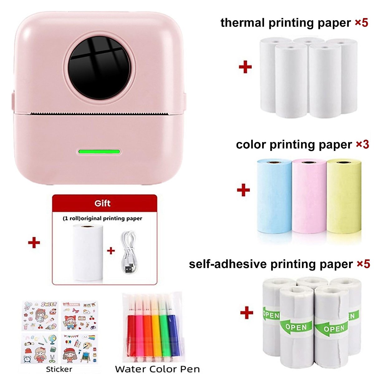 Crmanedy Portable Inkless Sticker Maker，Bluetooth Sticker Maker with 8 Rolls Paper，Compatible with iOS&Android，for DIY Making, Study Notes, memos, Lists, Work Plans, Graduation Gifts (Pink)