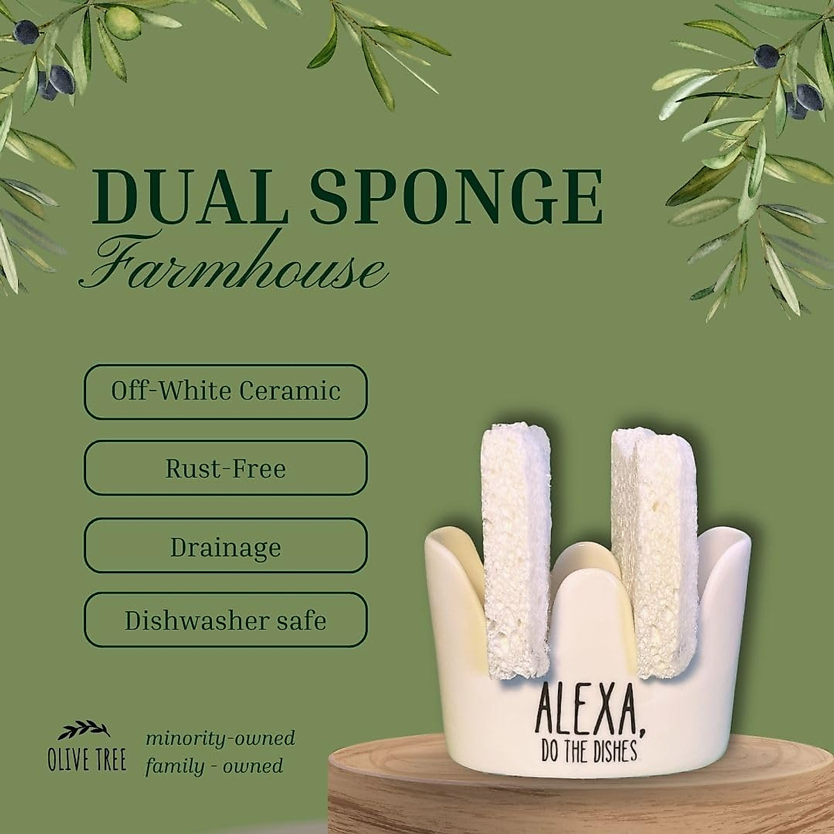 Alexa Mud Pie Sponge Holder for Kitchen Sink, Dual Ceramic Porcelain Cup for Sponges, Rustic Farmhouse Decor, Off-White