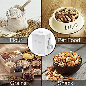 Youeon 1.5 Gallon Metal Flour Storage Container with Airtight Lid and Measuring Scoop, Square Flour Canister with Handle, White Flour Canister for Kitchen Counter, Farmhouse Decor