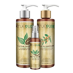 TruePure Hair Bundle - Caffeine Shampoo 8oz + Argan Oil Conditioner 8oz + Biotin Hair Growth Serum 2oz