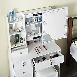 Kkonetoy Makeup Vanity Desk with Lighted Mirror, Dressing Table with Soft Cushioned Stool, Large Vanity Set with 5 Drawers and 6 Compartments, White