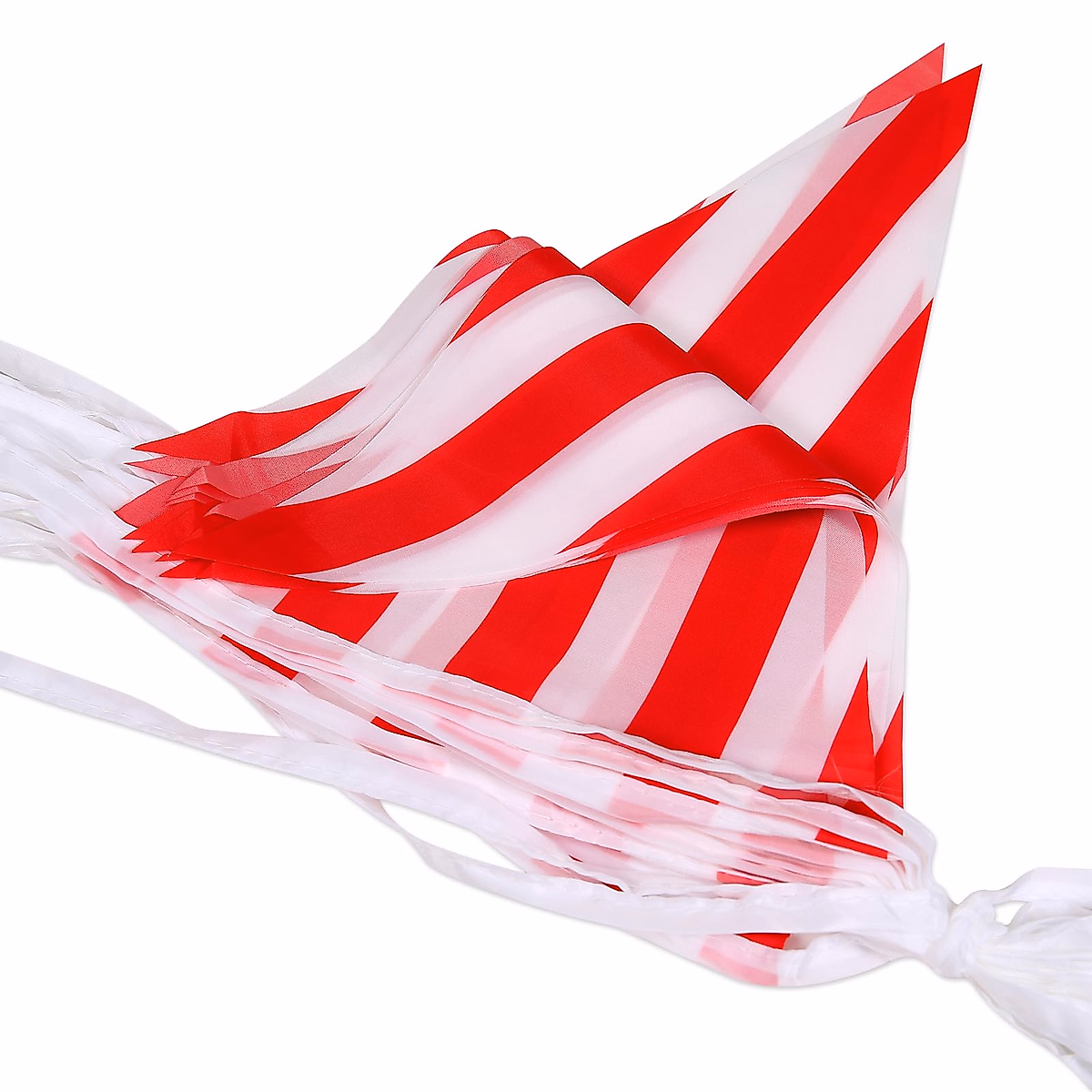 Red & White Striped Pennant Banners, Reusable Polyester Cloth Flags for Carnival Circus Party Decorations, Birthday Celebrations, Tent Camping (30 Feet - 21 Large Flags)
