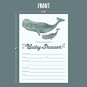 Koko Paper Co Whale Baby Shower Invitations | 25 Fill-in Invitations and Envelopes | Printed on Heavy Card Stock.