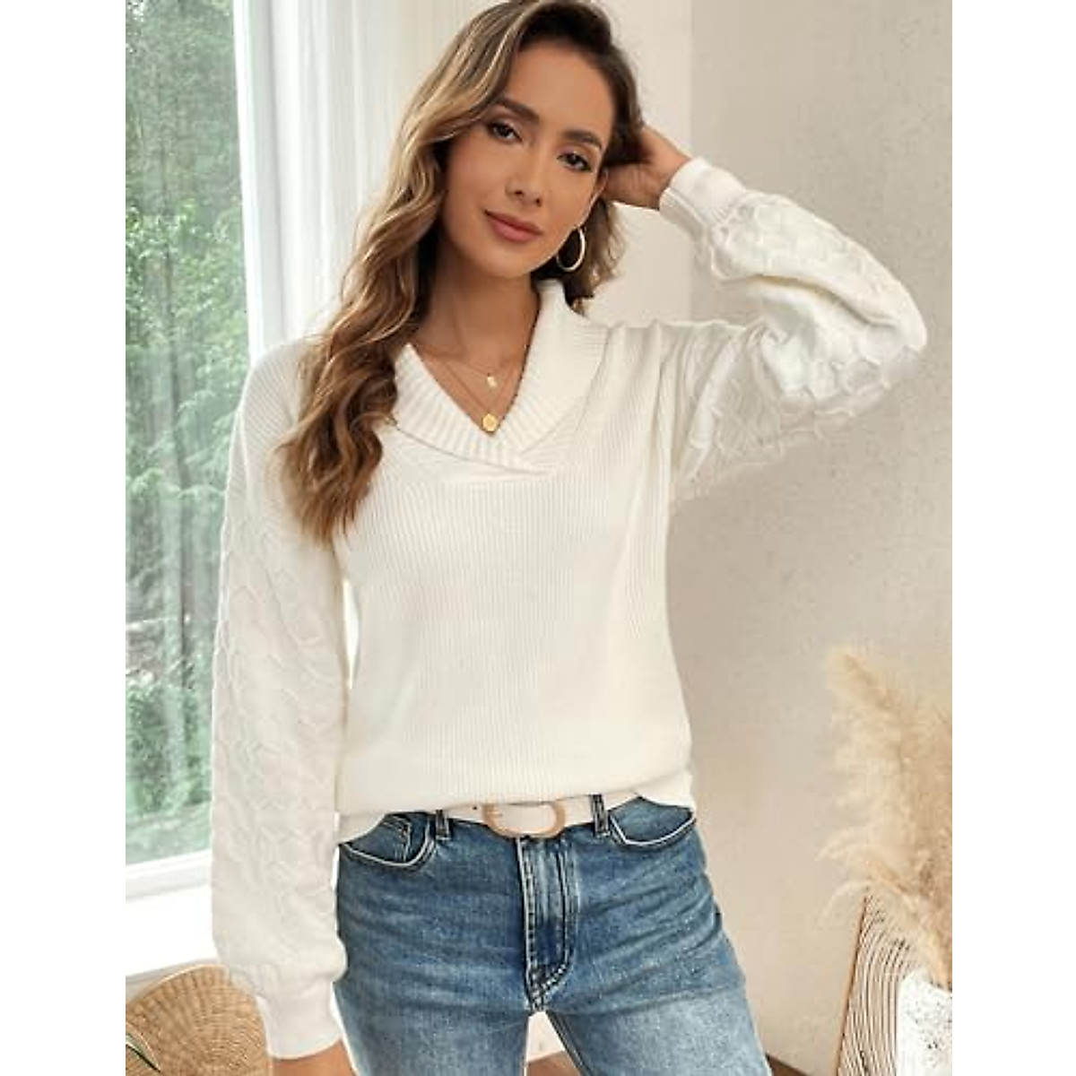 ZHENWEI Women's 2023 Fall Winter Long Sleeve V Neck Solid Color Casual Polo Collared Chunky Cable Knit Pullover Sweater Tops Cream White L