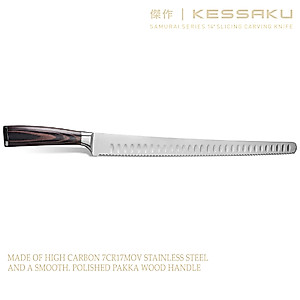 KESSAKU 14-Inch Slicing Carving Knife - Samurai Series - Serrated Granton Edge - Forged High Carbon 7Cr17MoV Stainless Steel - Pakkawood Handle with Blade Guard