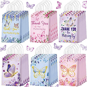 Outus 24 Pcs Butterfly Party Favors Bags Purple Blue Butterfly Gift Goodie Bags Butterfly Paper Bags Pink Butterfly Thank You Candy Treat Bags with Handles for Butterfly Birthday Party Decor Supplies