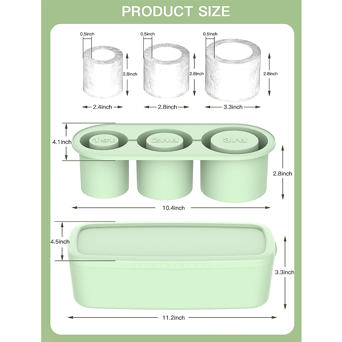 Ice Cube Tray for Tumbler Cup 30Oz-40Oz, 3 Pcs Silicone Cylinder Ice Mold with Lid and Bin for Freezer, Easy Fill and Release Ice Maker for Whiskey, Cocktail BPA-Free(Green, 40 Oz)