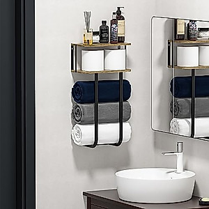 HomeDePal Towel Racks for Bathroom with 2-Tier Wood Shelf, Bathroom Shelves Wall Mounted with Bath Towel Storage, Towel Holder for Bathroom Wall, Floating Shelves Over Toilet, Bathroom Wall Organizer